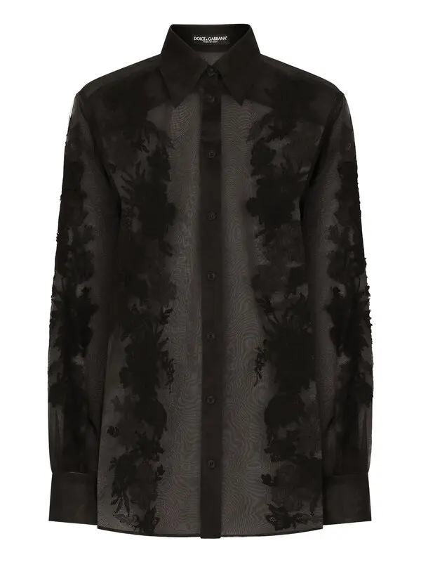 Dolce & Gabbana Organza Shirt With Lace Appliqués Shirts And Tops - Black