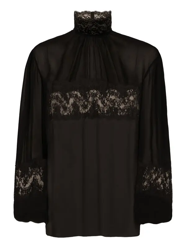 Dolce & Gabbana Georgette And Lace Turtle-neck Blouse Shirts And Tops Silk - Black