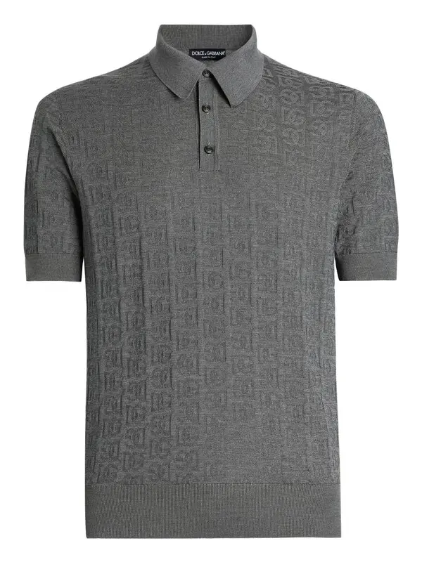 Dolce & Gabbana Silk Polo-shirt With All-over Dg Logo Embroidery Sweaters And Cardigans - Grey