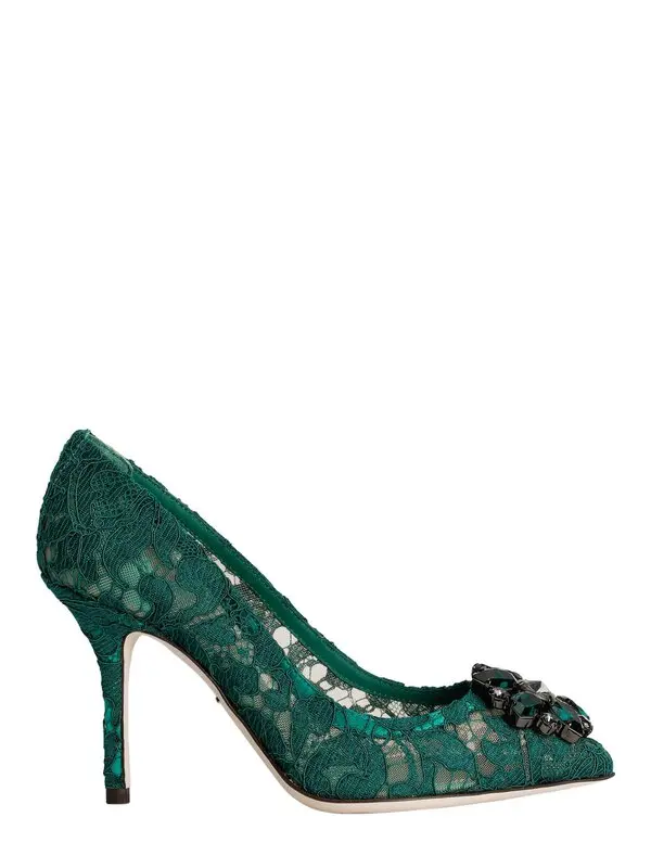 Dolce & Gabbana Lace Slingback Pumps With Crystal Brooch Detailing - Green