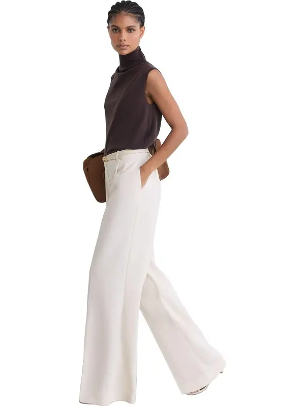 REISS Petite Elasticated-waist Wide-leg Twill Trousers - Cream