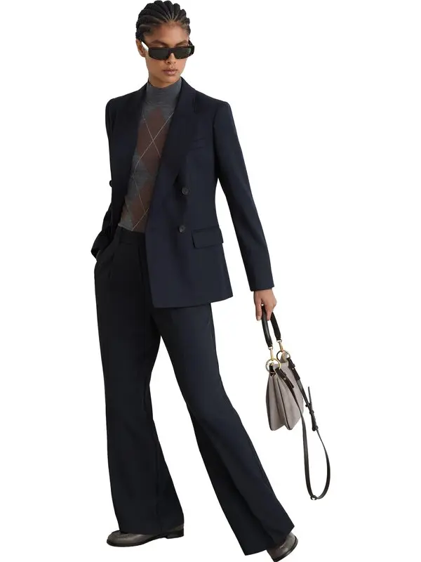 REISS Petite Elasticated-waist Wide-leg Twill Trousers - Navy