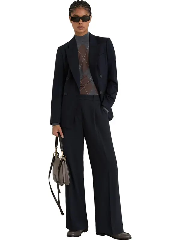 REISS Petite Elasticated-waist Wide-leg Twill Trousers - Navy/camel