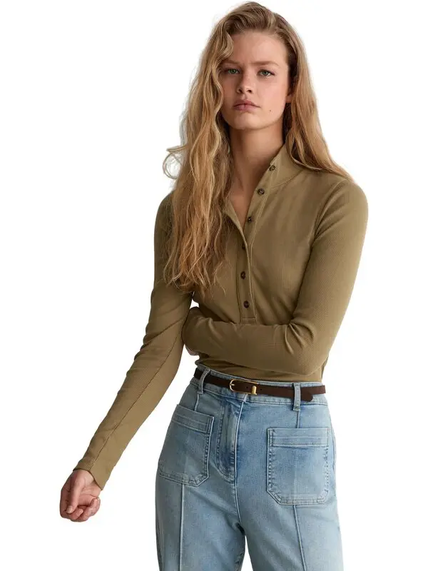 REISS Ida Cotton-stretch Funnel-neck Top - Khaki