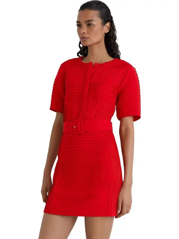 REISS Tuck-detail Belted Mini Dress - Red