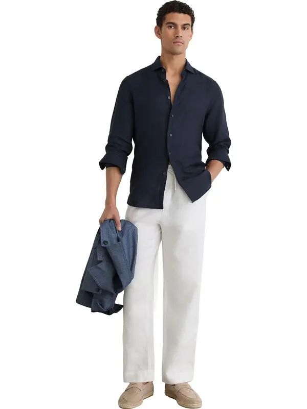 REISS Linen Cutaway-collar Regular-fit Shirt - Navy