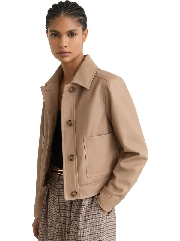 REISS Leather Trucker Jacket - Neutral