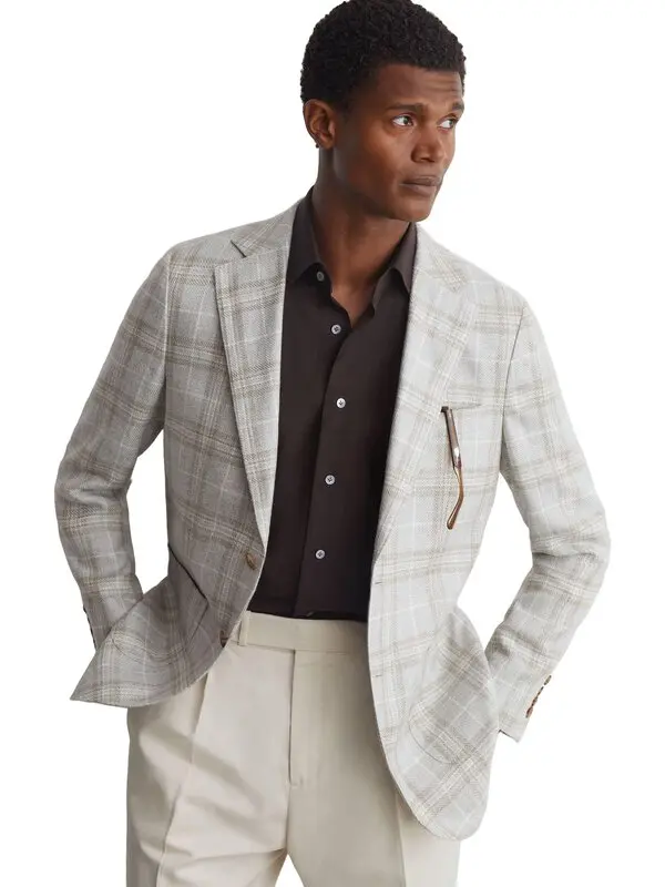 ATELIER Hemp Wool Check Single Breasted Classic Fit Blazer - Soft Grey