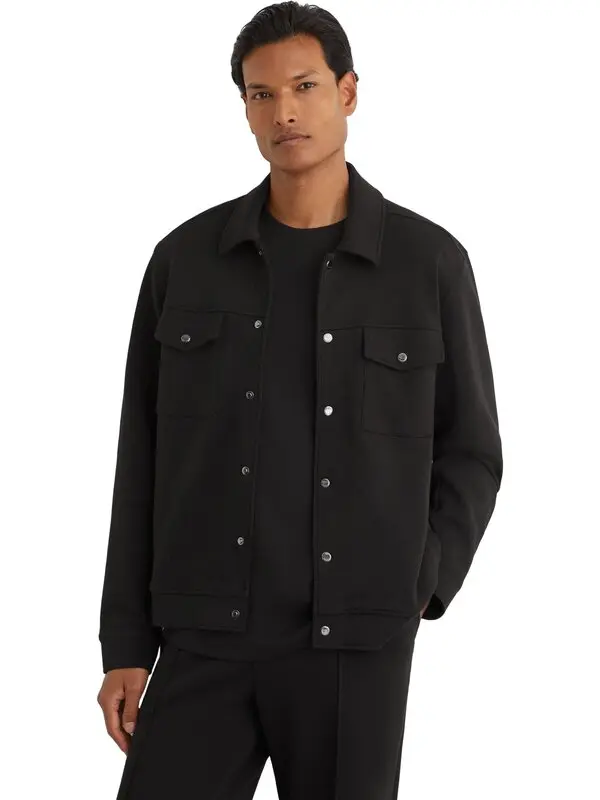 REISS Sueded Interlock Jersey Twin-pocket Overshirt - Black