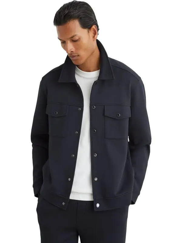 REISS Sueded Interlock Jersey Twin-pocket Overshirt - Navy