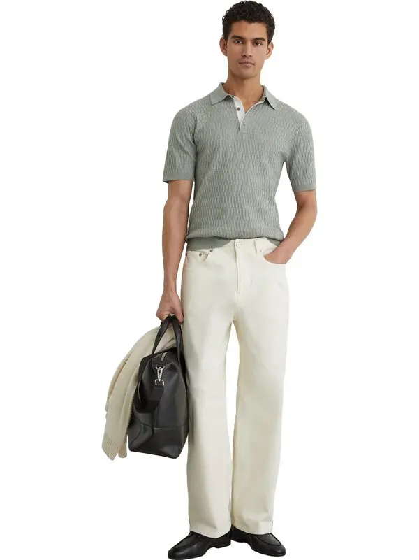 REISS Textured-knit Half-button Polo Shirt - Soft Sage