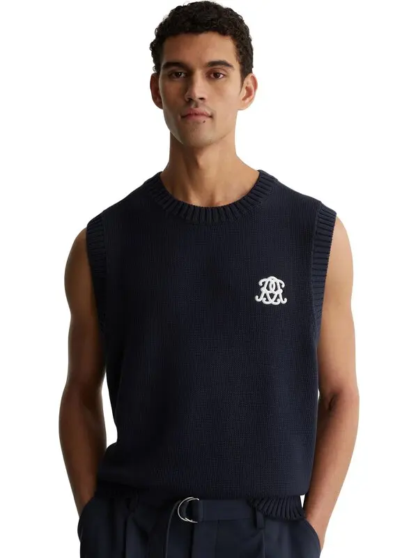 REISS Monogram Embroidered Relaxed Knit Vest - Navy