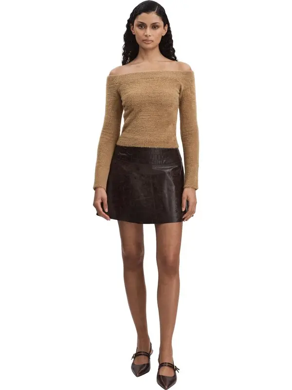 Good American Off-shoulder Plush Knit Top - Brown