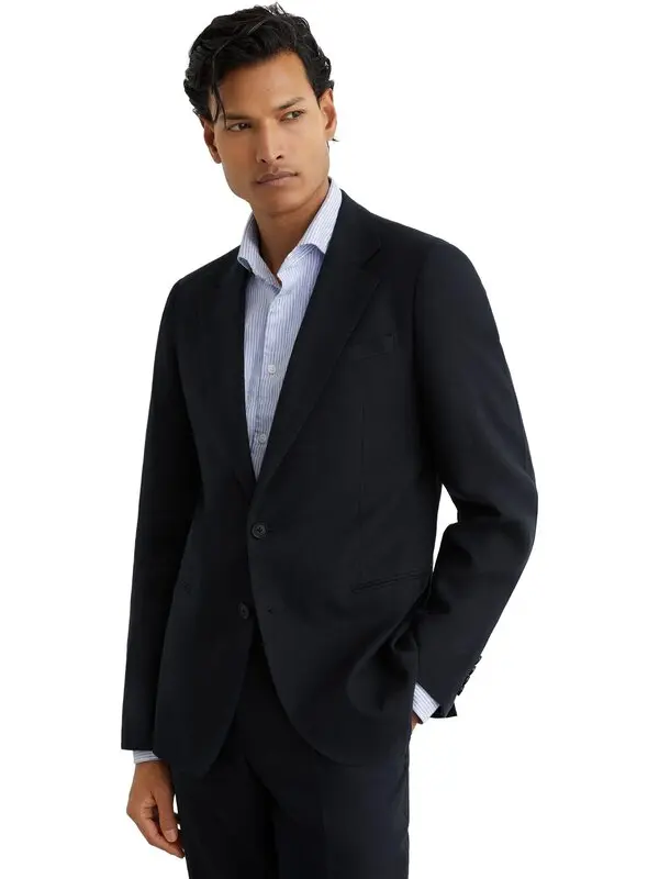 REISS Tailored Fit Single-breasted Linen Blazer - Navy