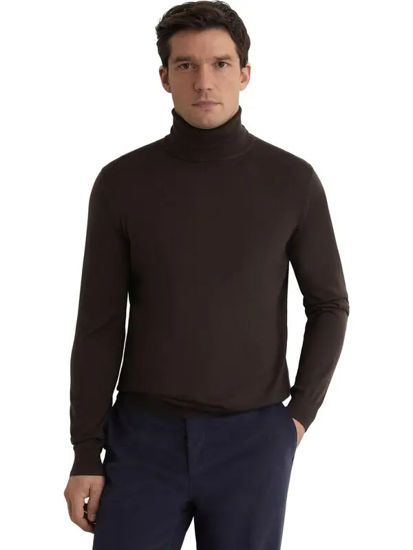 REISS Caine Merino Wool Roll Neck Jumper - Dark Brown