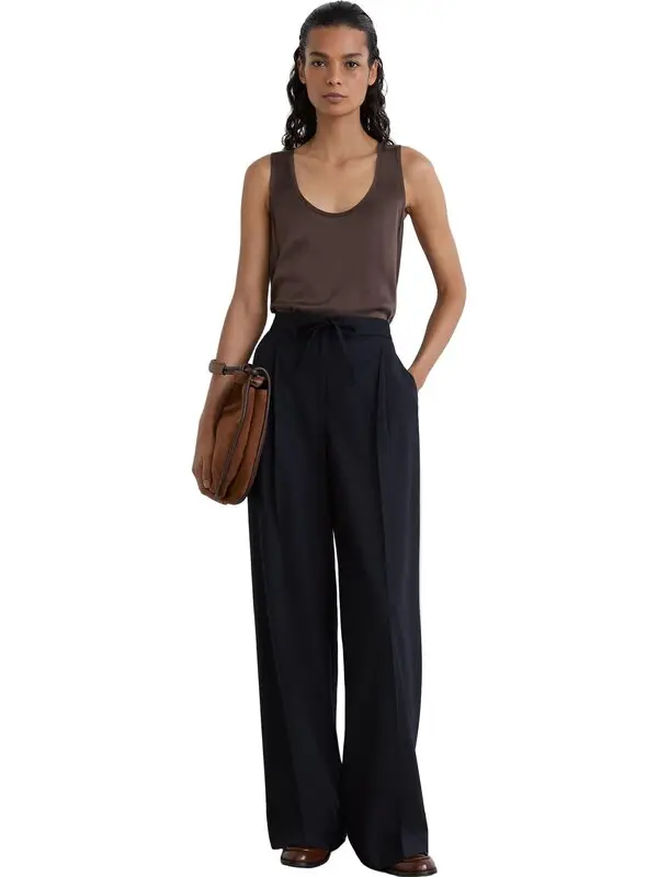 REISS Petite Wool-blend Drawstring Wide-leg Suit Trousers - Navy