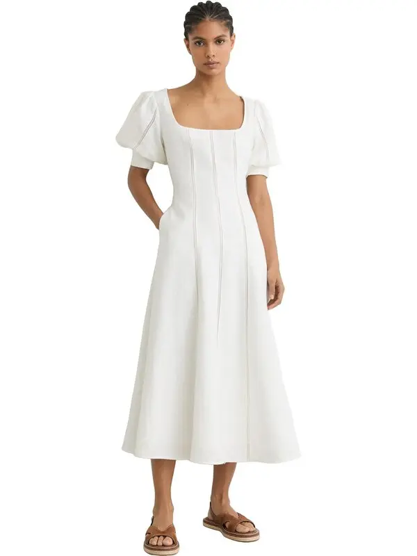 REISS Riva Linen Puff Sleeve Embroidered Midi Dress - Cream