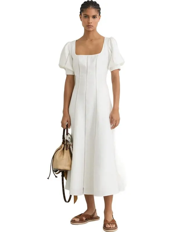 REISS Riva Linen Puff Sleeve Embroidered Midi Dress - Cream