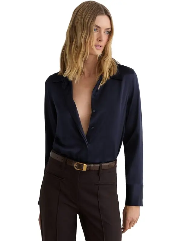 REISS Silk-satin Concealed-placket Shirt - Navy