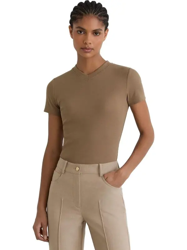 REISS Cotton-stretch High V-neck T-shirt - Camel