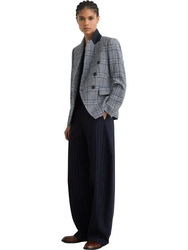 REISS Double-breasted Blazer Cotton-linen - Navy Check