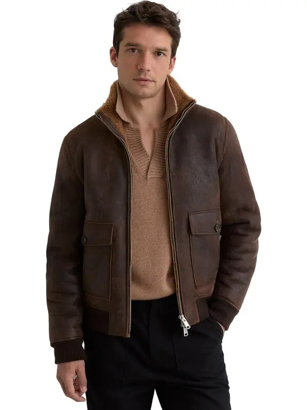 REISS Shearling Zip-through Leather Jacket - Brown