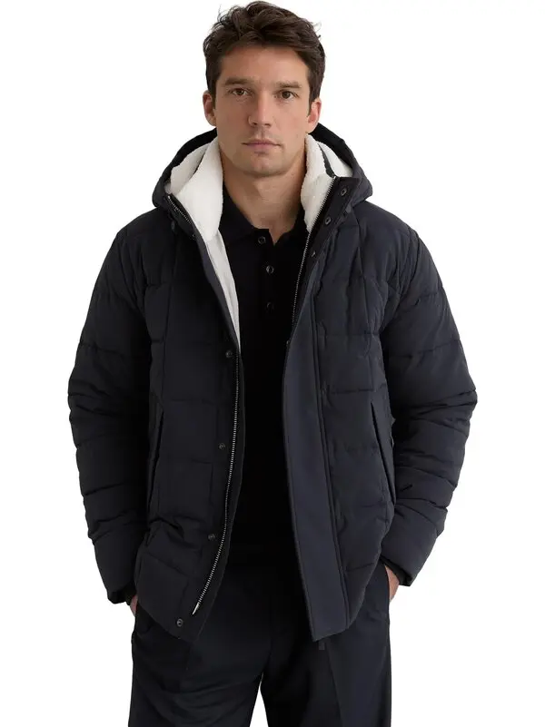 REISS Quilted Hooded Puffer Jacket With Fleece Lining - Navy