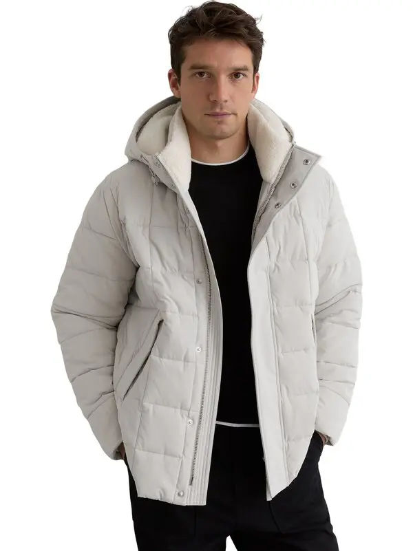 REISS Quilted Hooded Puffer Jacket With Fleece Lining - Stone