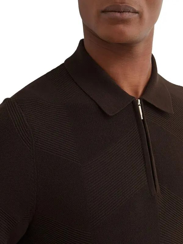 REISS Cotton-blend Chevron-knit Half-zip Polo Shirt - Chocolate Brown