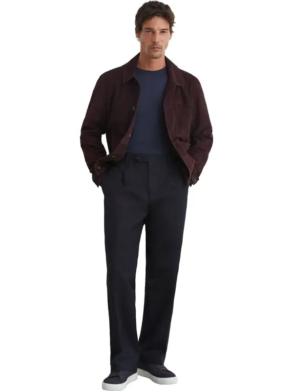 REISS Cotton Slub Pleated Relaxed-fit Trousers - Navy