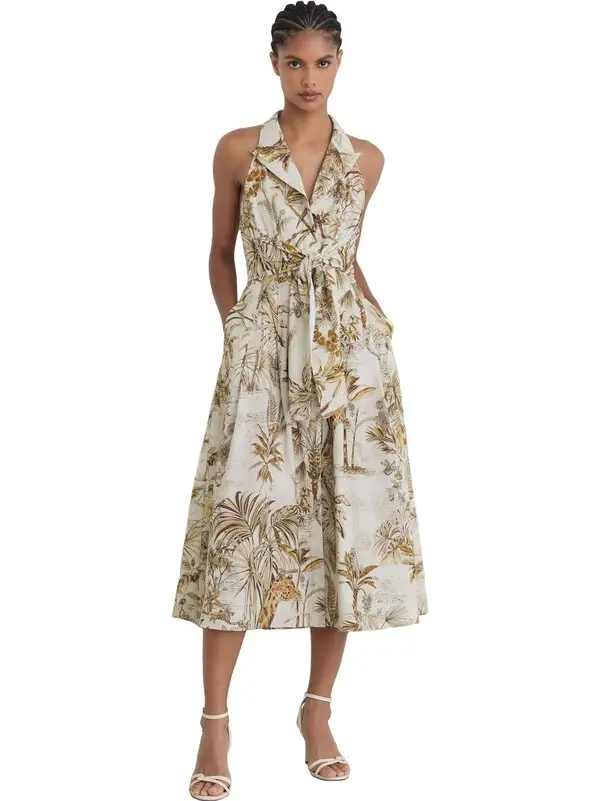 REISS Tate Cotton Safari-print Tailored Midi Dress - Neutral