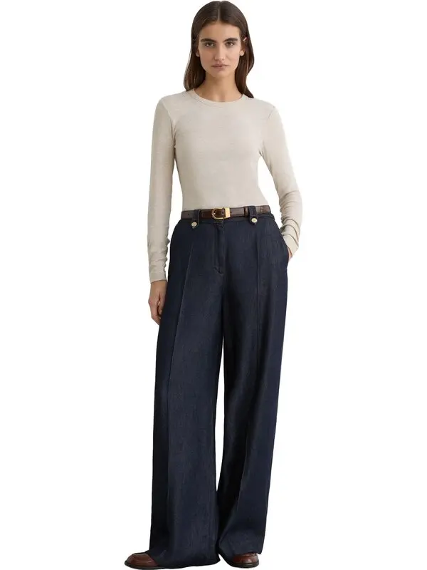 REISS Lyocell Topstitched Wide-leg Trousers - Indigo