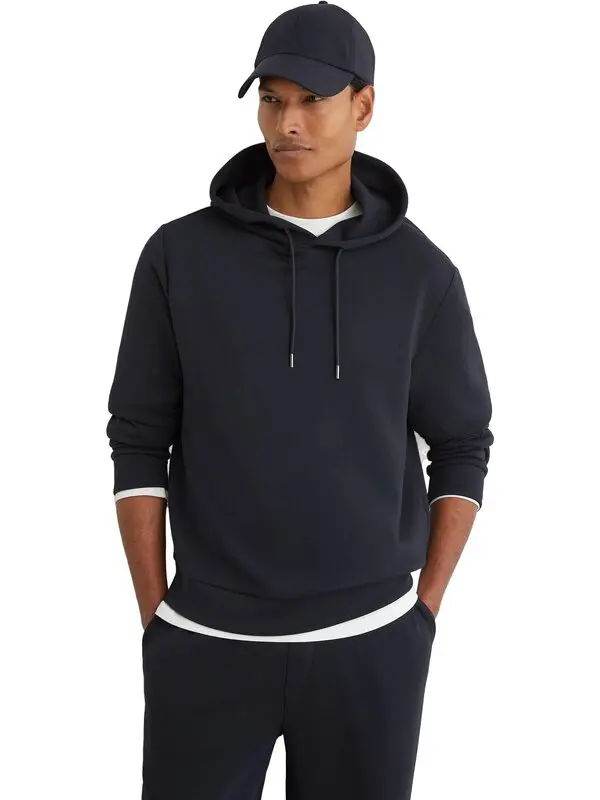 REISS Sueded Interlock Jersey Hoodie - Navy