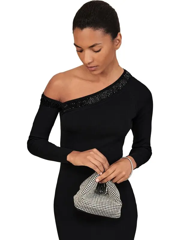 REISS Bead-detail Off-shoulder Knit Dress - Black