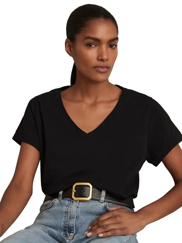 REISS Brushed-cotton V-neck T-shirt - Black