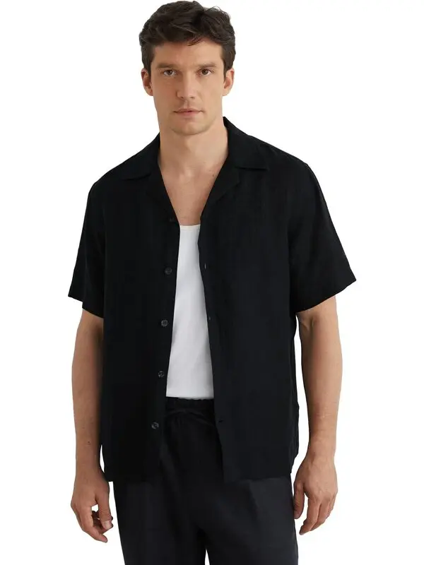 REISS Linen Cuban-collar Shirt - Black