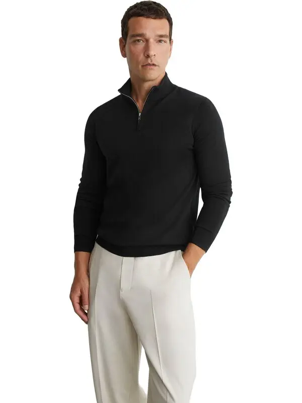 REISS Merino Wool Half-zip Funnel Neck Jumper - Black