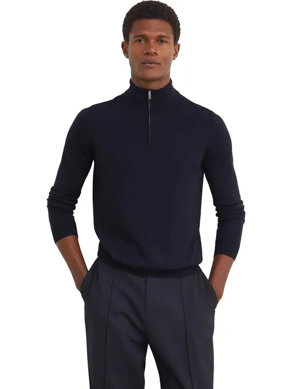 REISS Merino Wool Half-zip Funnel Neck Jumper - Navy