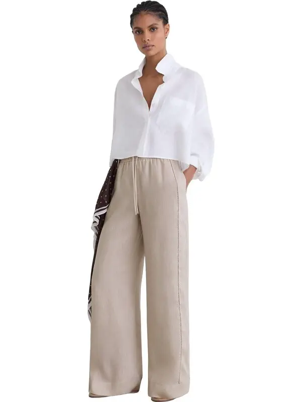 REISS Linen Ladder-embroidery Wide-leg Trousers - Neutral