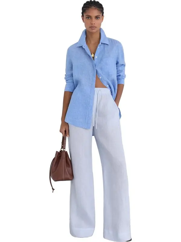 REISS Linen Ladder-embroidery Wide-leg Trousers - Silver Blue