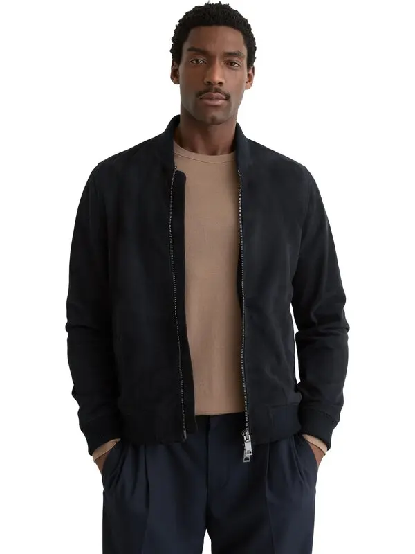 REISS Suede Zip-through Bomber Jacket - Navy