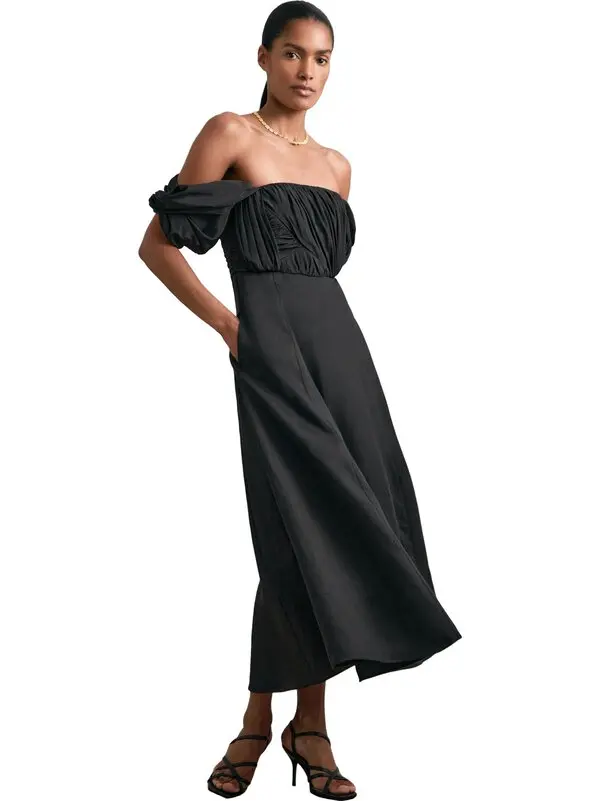 REISS Bardot Sculpted Bodice Midi Dress With Linen - Black