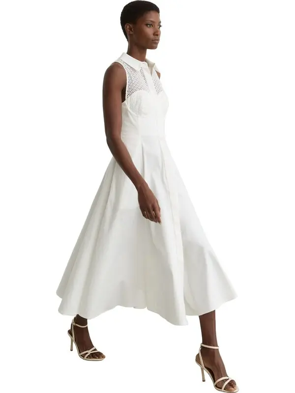 REISS Cotton Broderie-detail Midi Dress With Stretch - Ivory
