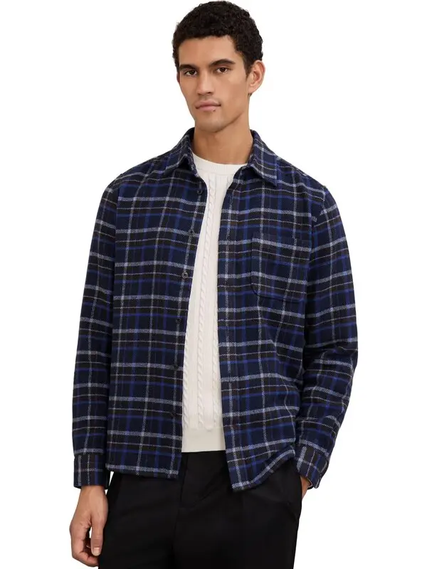 REISS Check Button-through Overshirt With Wool - Navy