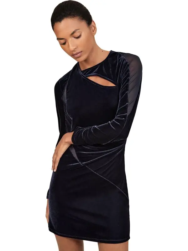 REISS Blue Velvet Mesh-panel Mini Dress - Navy