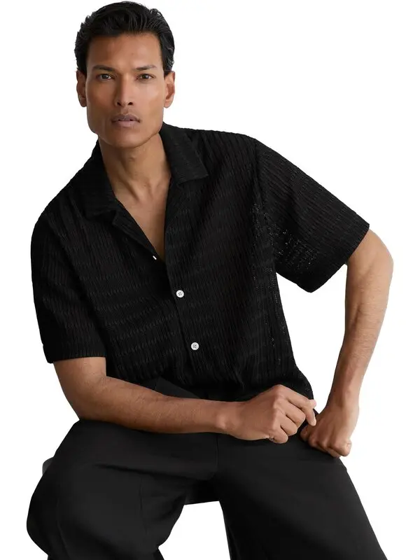 REISS Chevron-crochet Cuban-collar Shirt - Black