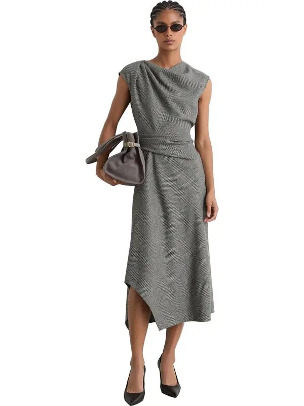 REISS Wool-blend Check Tailored Midi Dress - Grey