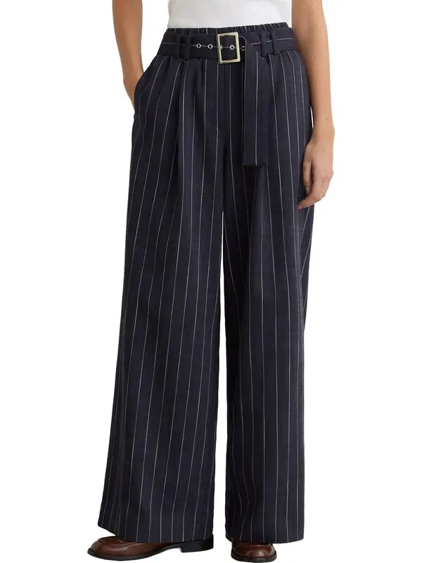 REISS Pinstripe Belted Wide-leg Trousers - Navy