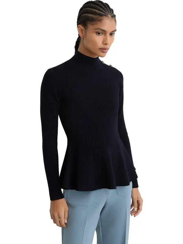 REISS Rib-knit High-neck Peplum Top With Crest-embossed Buttons - Navy