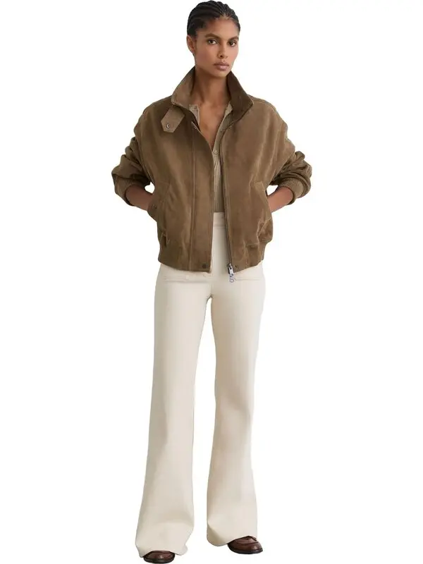 REISS Petite Suede Funnel-neck Bomber Jacket - Neutral